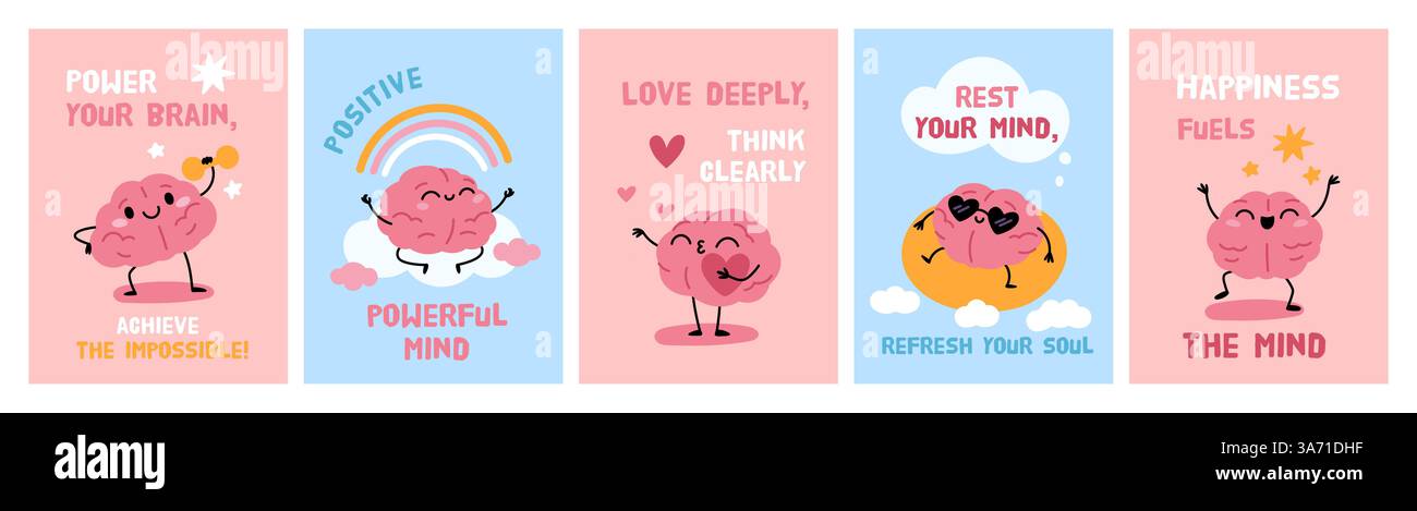 Cartoon brain cards. Funny mental health emoticons, positive thinking ...