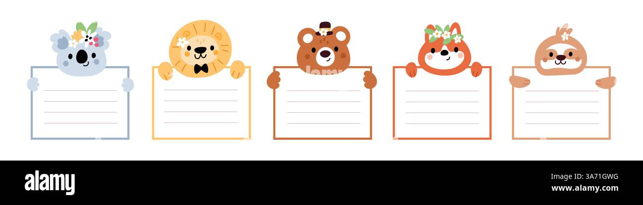 Animals holding frames. Cute baby fauna characters with lined sheets in ...