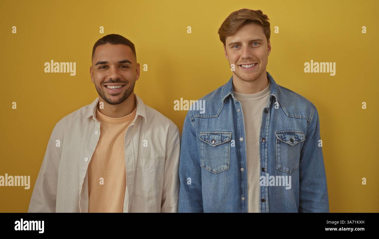 Handsome men friends smiling over an isolated yellow wall background ...