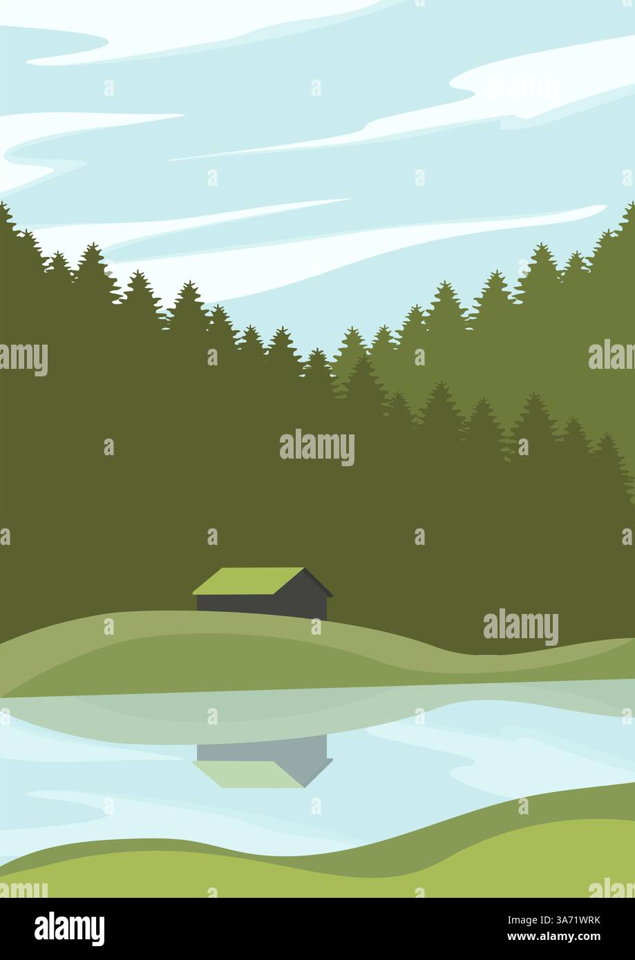 Spring forest landscape near water illustration. Countryside scene with ...