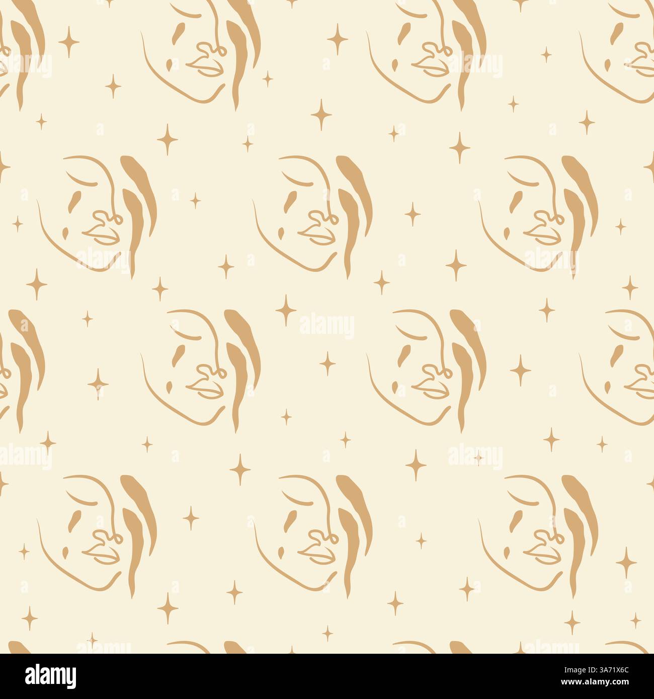 Female face seamless pattern. Aesthetic hand drawn vector line art ...