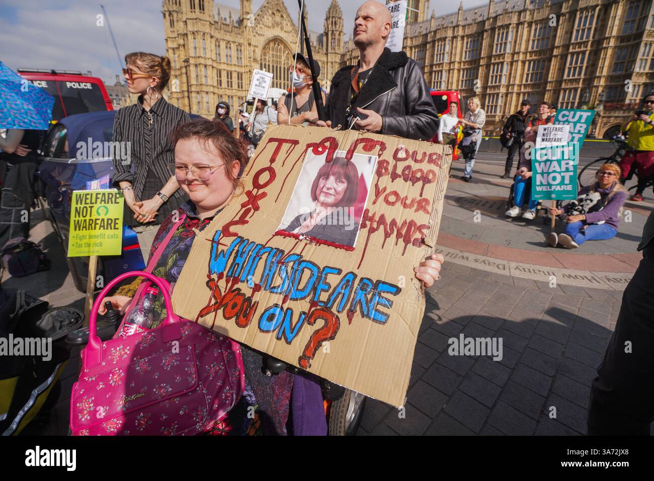 London, UK 26 March 2025. Protesters gather outside parliament to ...