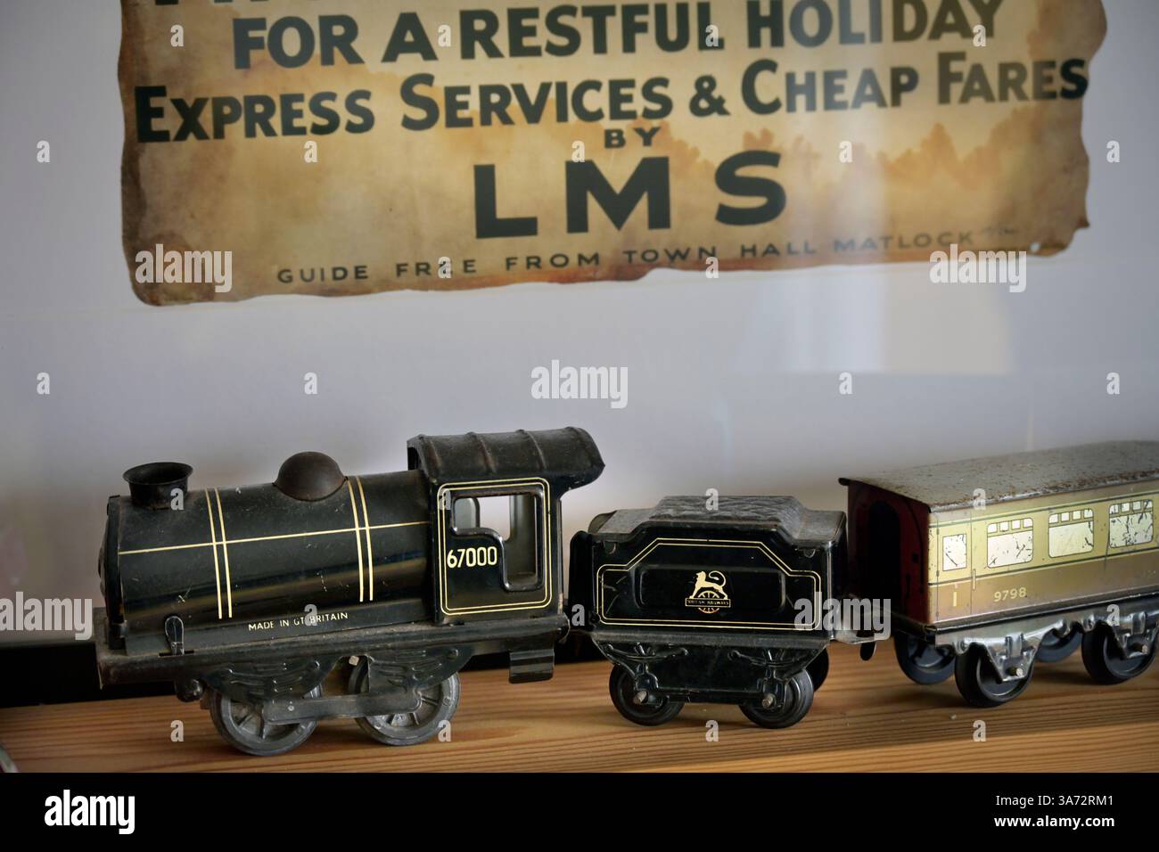 wind up vintage toy clockwork train on shelf, derbyshire, england Stock ...