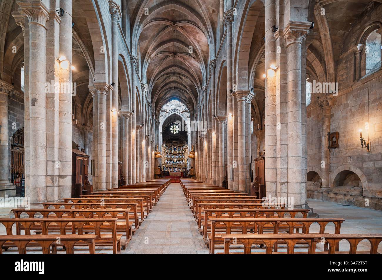 Majestic interior of orense cathedral with rows of wooden benches and ...
