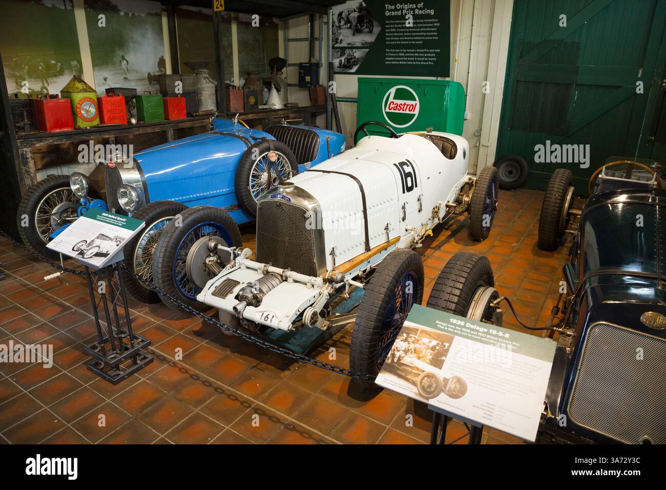 Line up of old vintage Grand Prix racing cars on display in Brooklands ...