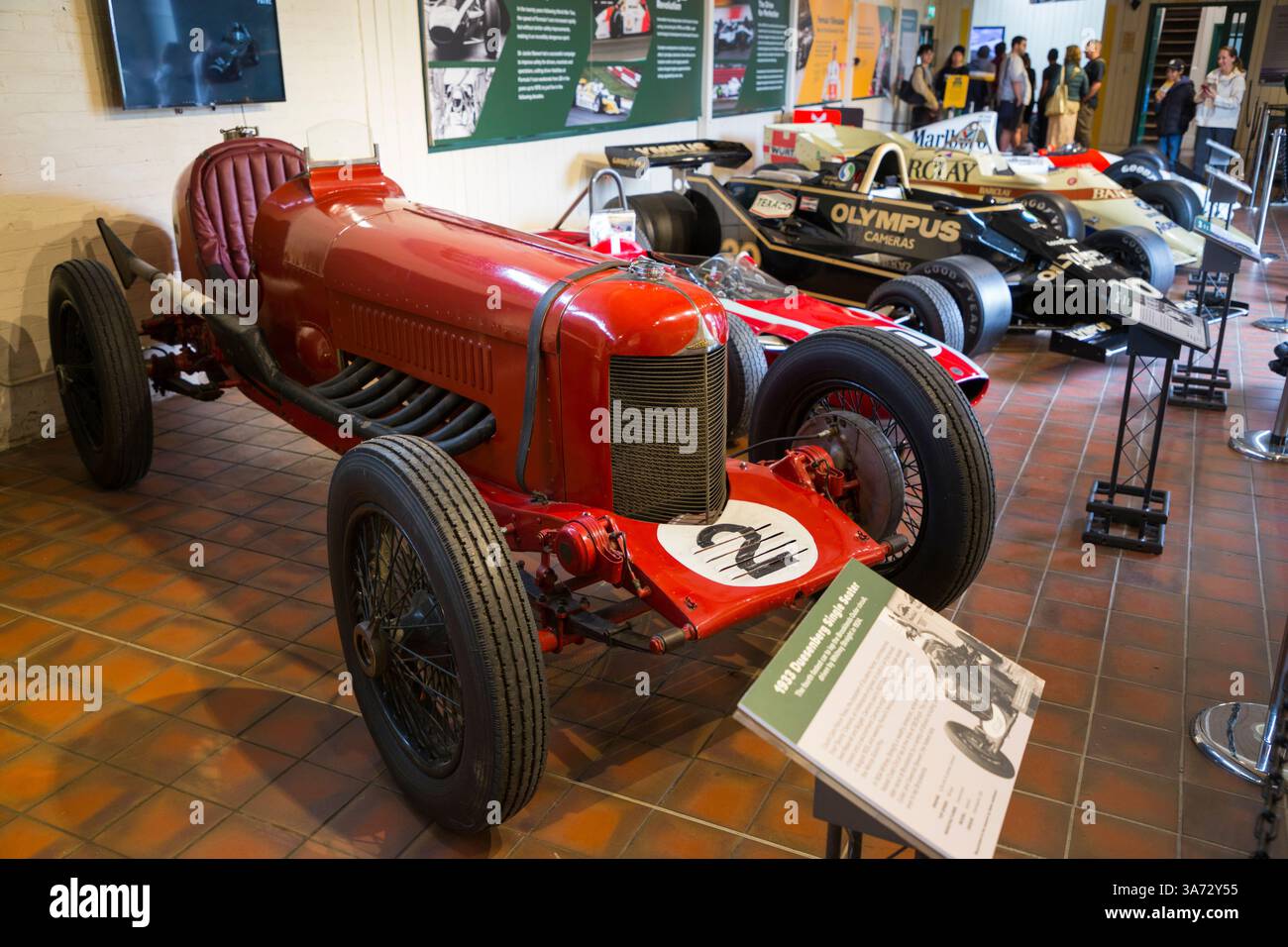 Line up of old vintage Grand Prix racing cars on display in Brooklands ...
