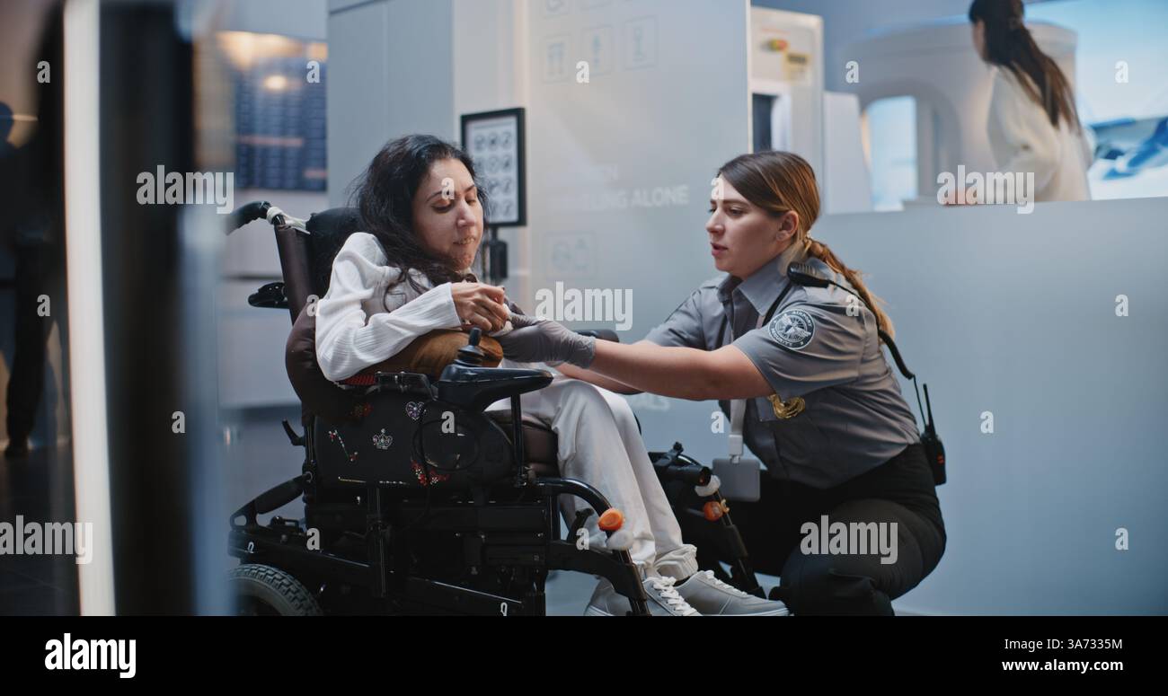 Security Checkpoint: Female TSA Officer Checking Woman with Physical Disability in Airport ...
