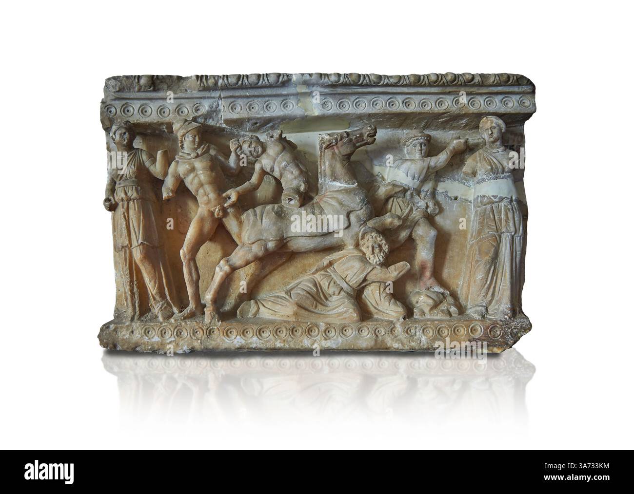 Etruscan funerary cinerary urn (cineraria) side panel with relief ...