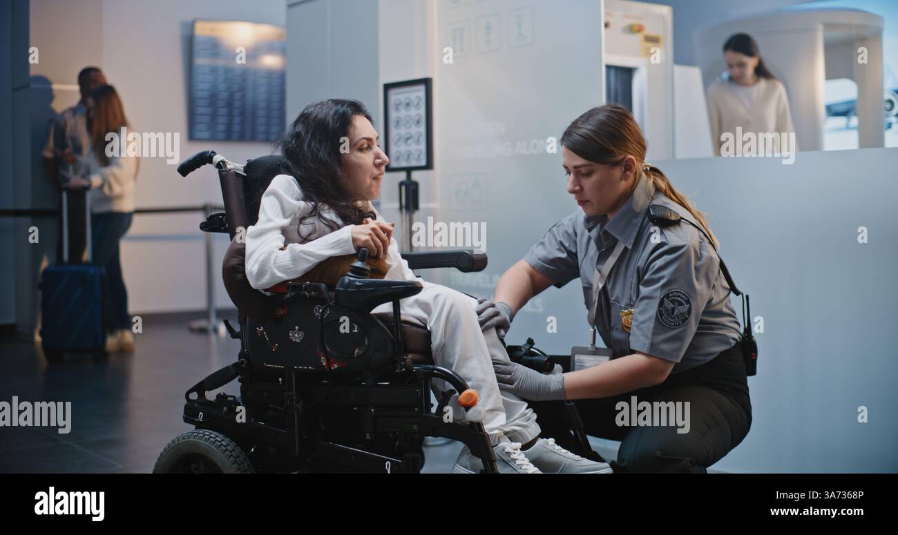 Security Checkpoint: Female TSA Officer Checking Woman with Physical Disability in Airport ...
