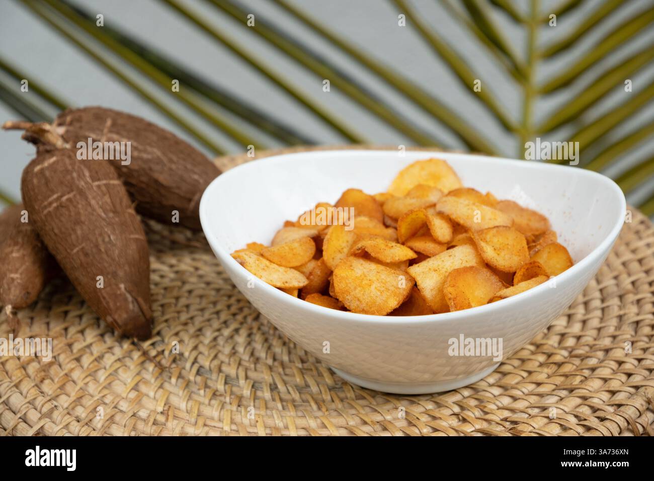 Organic manioca or cassava chips in bowl and tapioca tuber on wicker ...