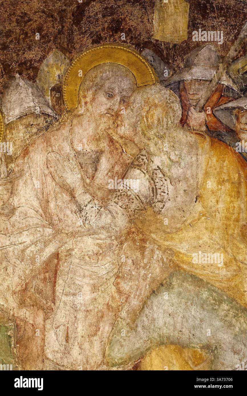 Meillonnas, FRANCE - 08–27-2024: Primitive fresco of Jesus receiving kiss of Judas Stock Photo ...