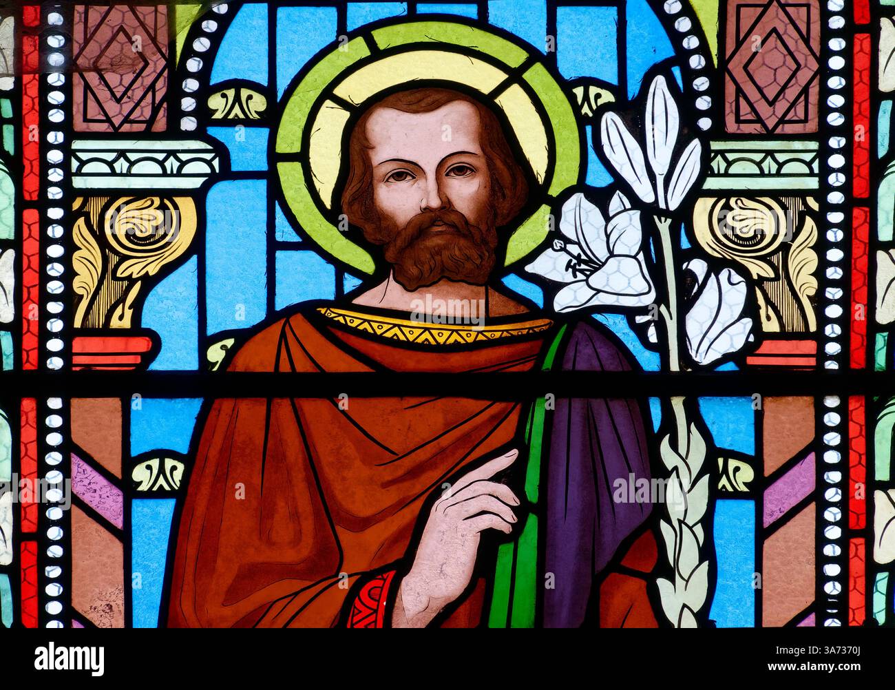 Viuz-la-Chiésaz, FRANCE - 08–31-2024: Stained glass of Saint Joseph the ...
