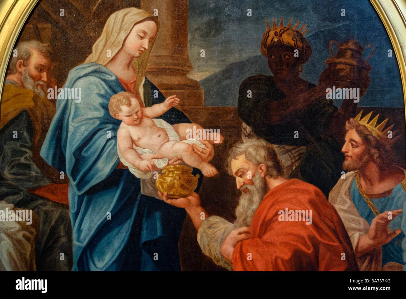 Paris, FRANCE - 09–11-2024: Painting of Christmas Nativity Scene : Adoration of the Magi as they ...