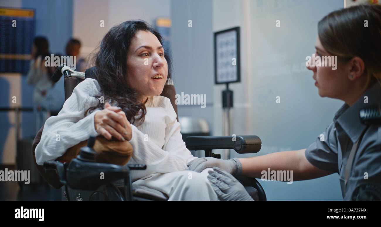 Security Checkpoint: Female TSA Officer Checking Woman with Physical Disability in Airport ...