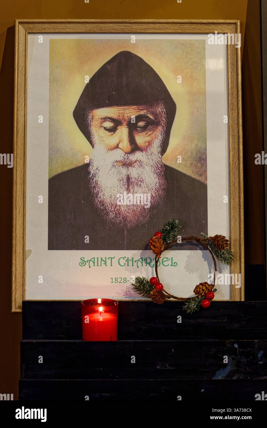 Paris, FRANCE - 09–12-2024: Small oratory dedicated to Saint Charbel ...