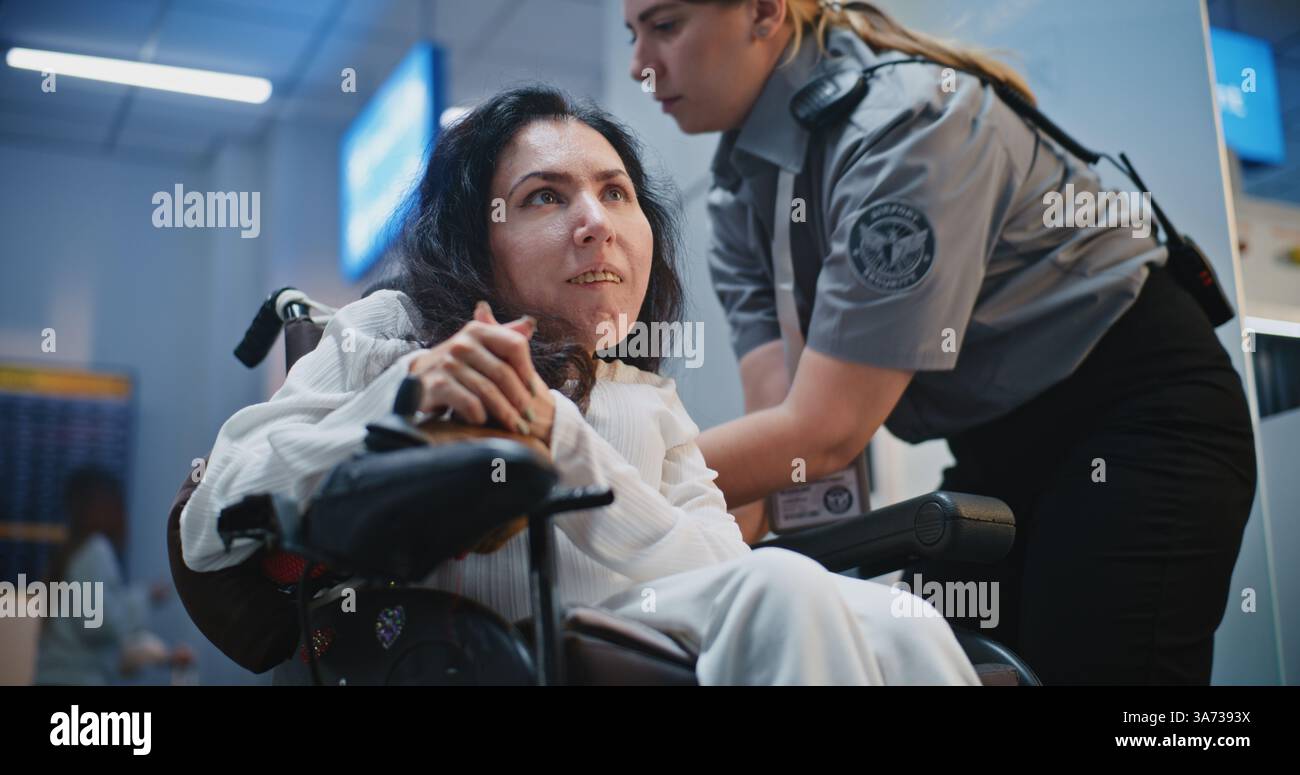 Security Checkpoint in Airport Terminal: Close Up of Female Security ...