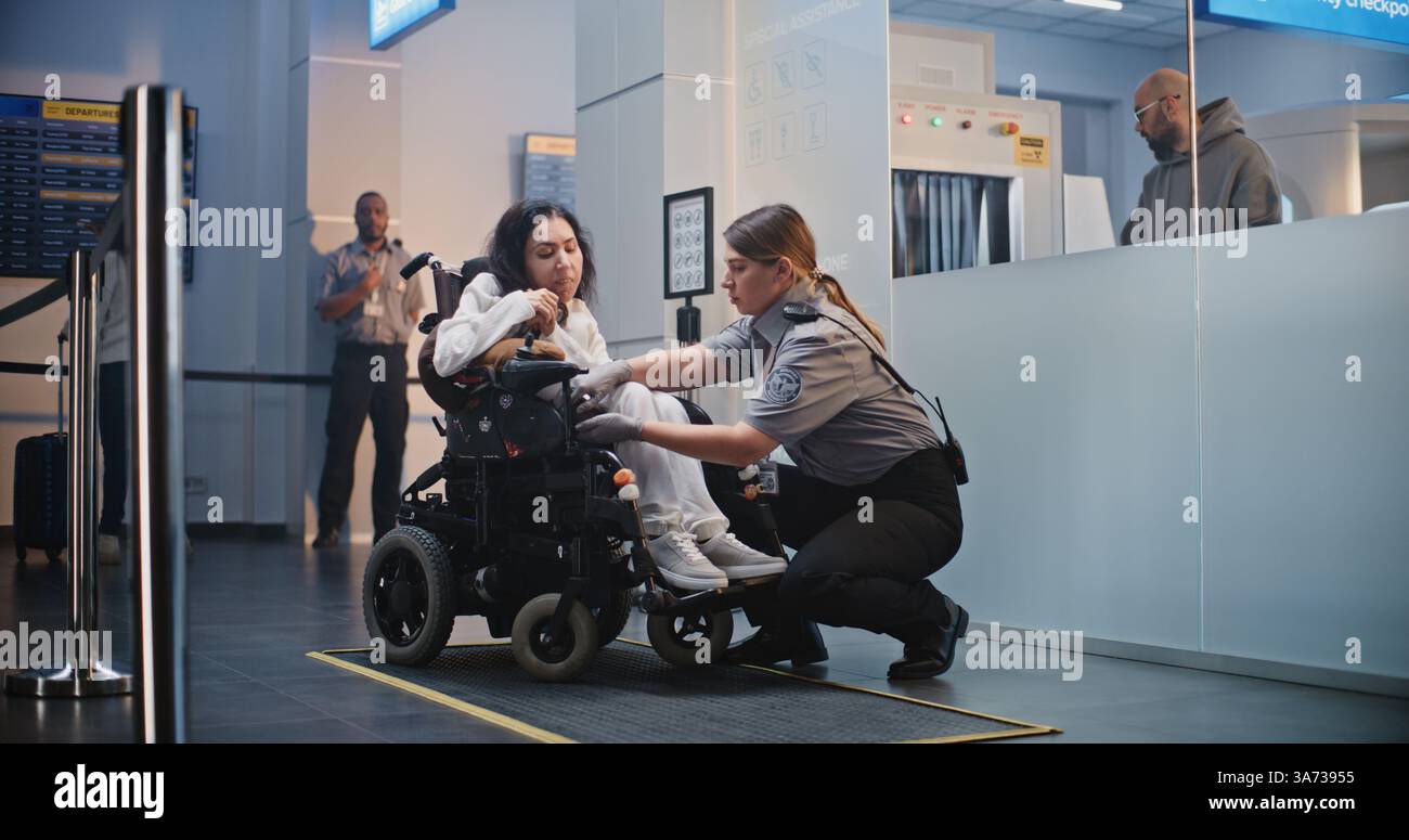 Security Checkpoint in Airport Terminal: Female Security Officer Inspecting Woman in Wheelchair ...