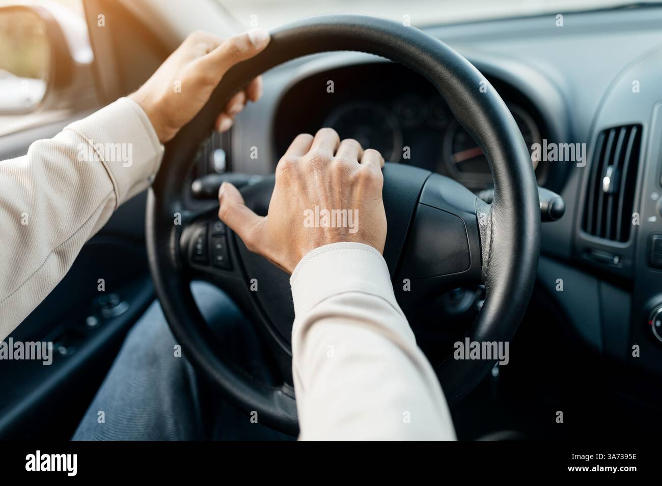 Closeup of young man honking while driving, sitting in car Stock Photo ...
