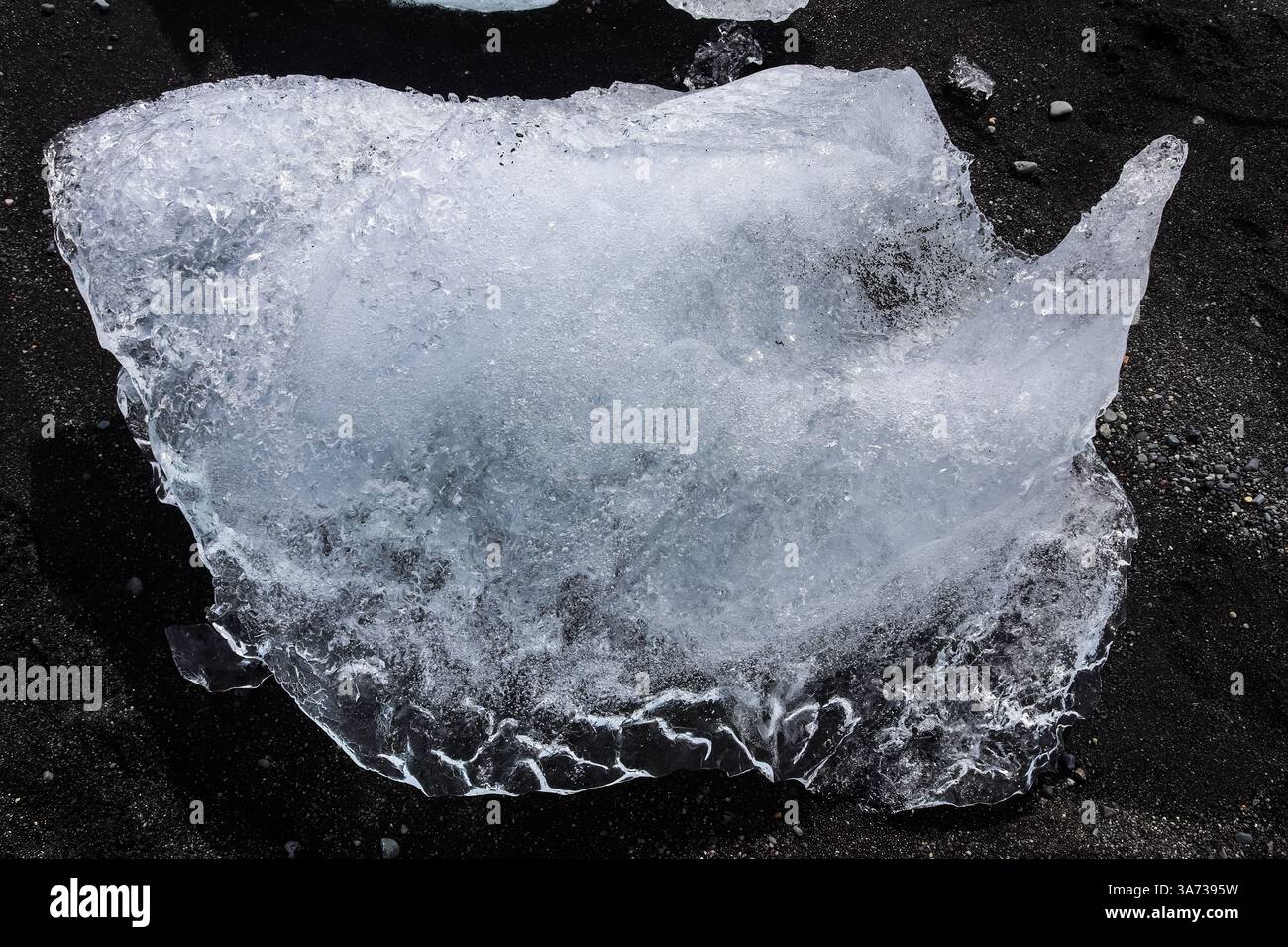 Close up of a melting ice block lying on the black sand of Diamond ...
