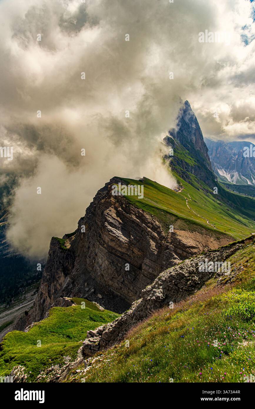 The beautiful peak of Mount Seceda in the Dolomites in Tyrol Stock ...