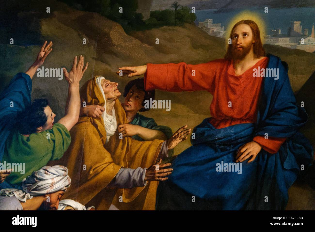 Paris, FRANCE - 09–15-2024: Painting of Jesus-Christ healing the sick and wounded. Miracles of ...