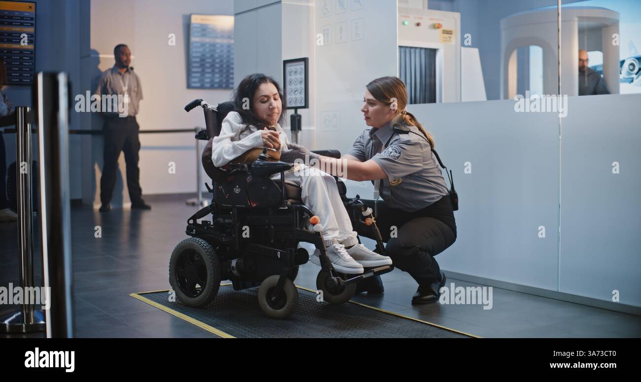 Security Checkpoint in Airport Terminal: Female Security Officer Inspecting Woman in Wheelchair ...