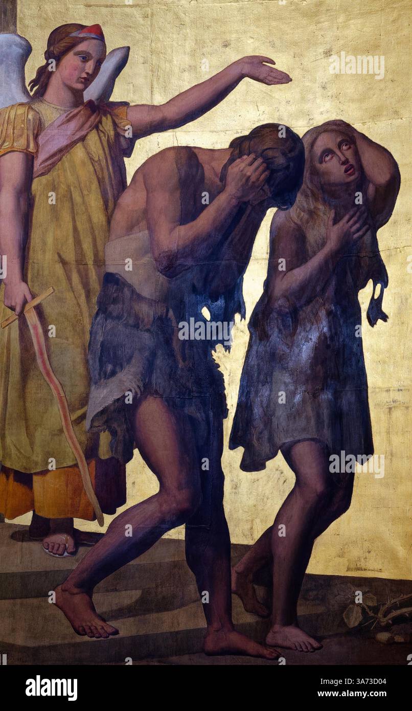 Paris, FRANCE - 09-27-2024: Painting (18th century) of Adam and Eve expelled from paradise ...