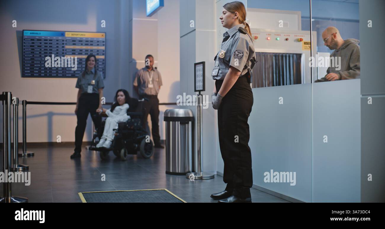 Security Checkpoint in Airport Terminal: Female Security Officer Inspecting Woman in Wheelchair ...