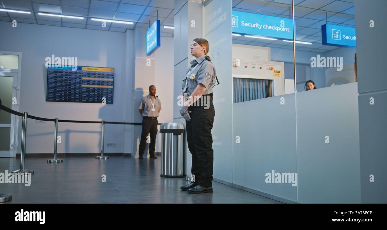 Screening Procedures at Security Checkpoint: Female TSA Officer Checking Woman with Physical ...