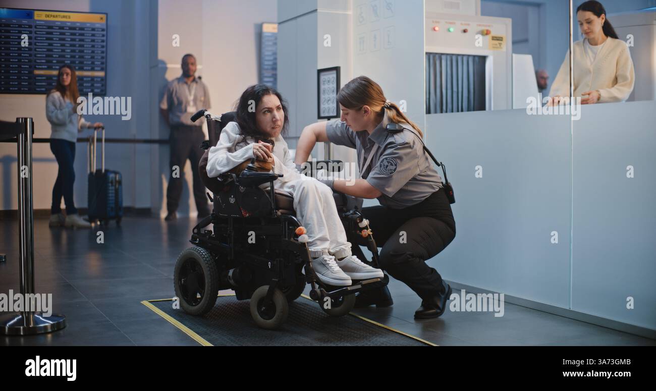 Security Checkpoint in Airport Terminal: Female Security Officer Inspecting Woman in Wheelchair ...