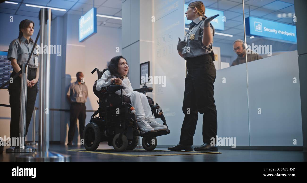 Security Checkpoint in Airport Terminal: Female Security Officer Inspects Woman in Wheelchair ...