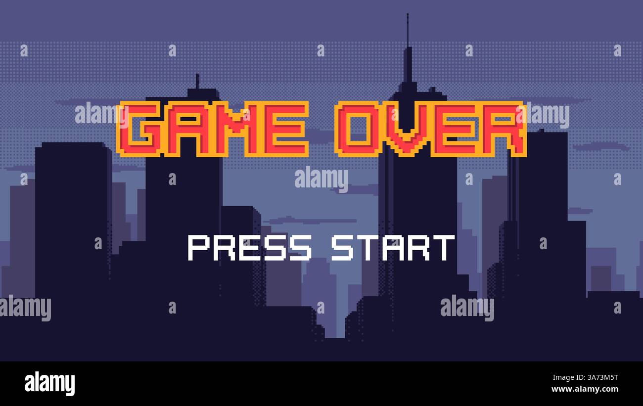 Game Over screen - pixel art with night city landscape background. Dark ...