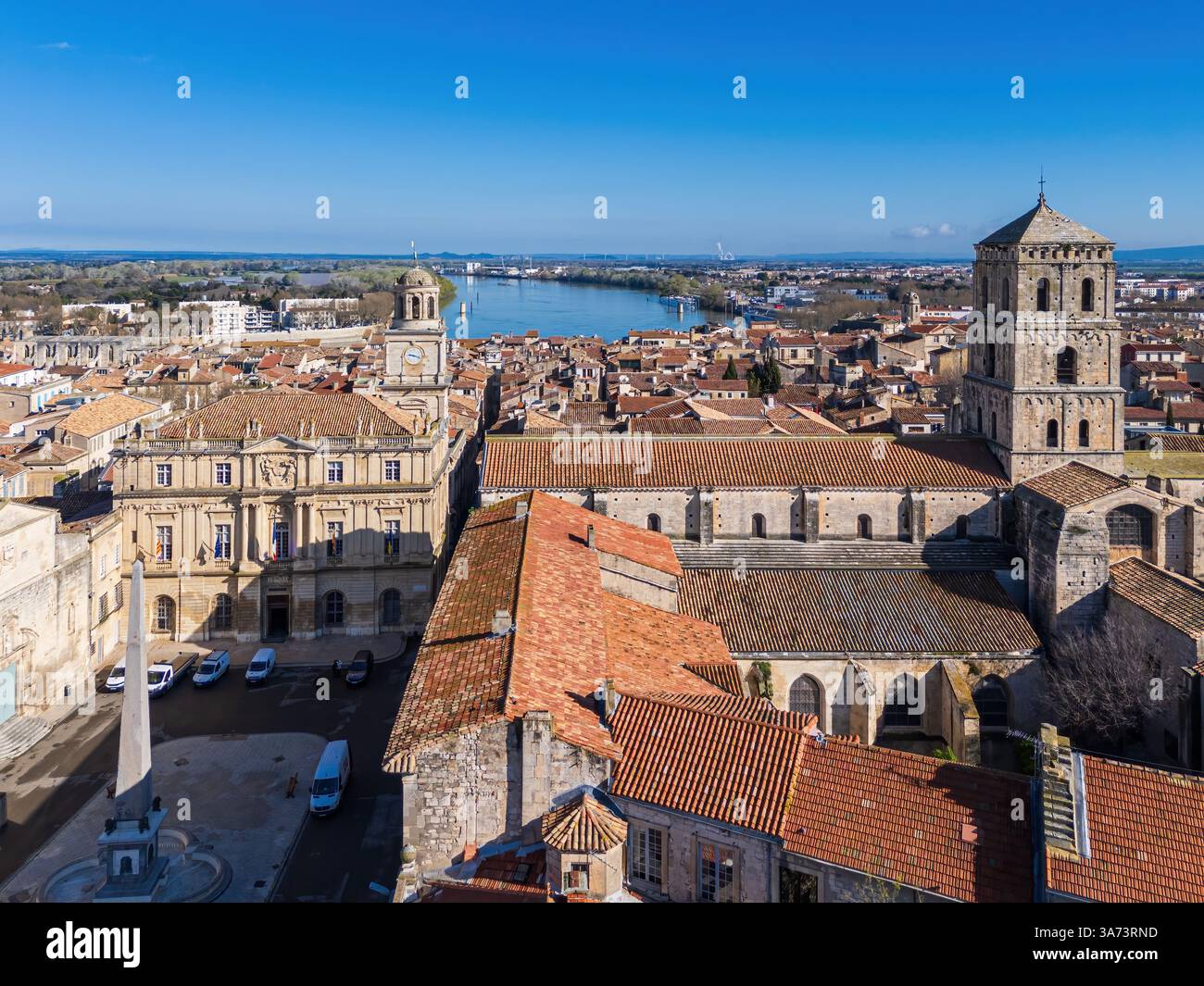 The cityscape of Arles in an aerial view, Provence, France Stock Photo ...