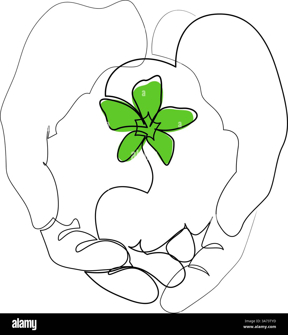 Human hands holding a green flower growing in the soil continuous line ...