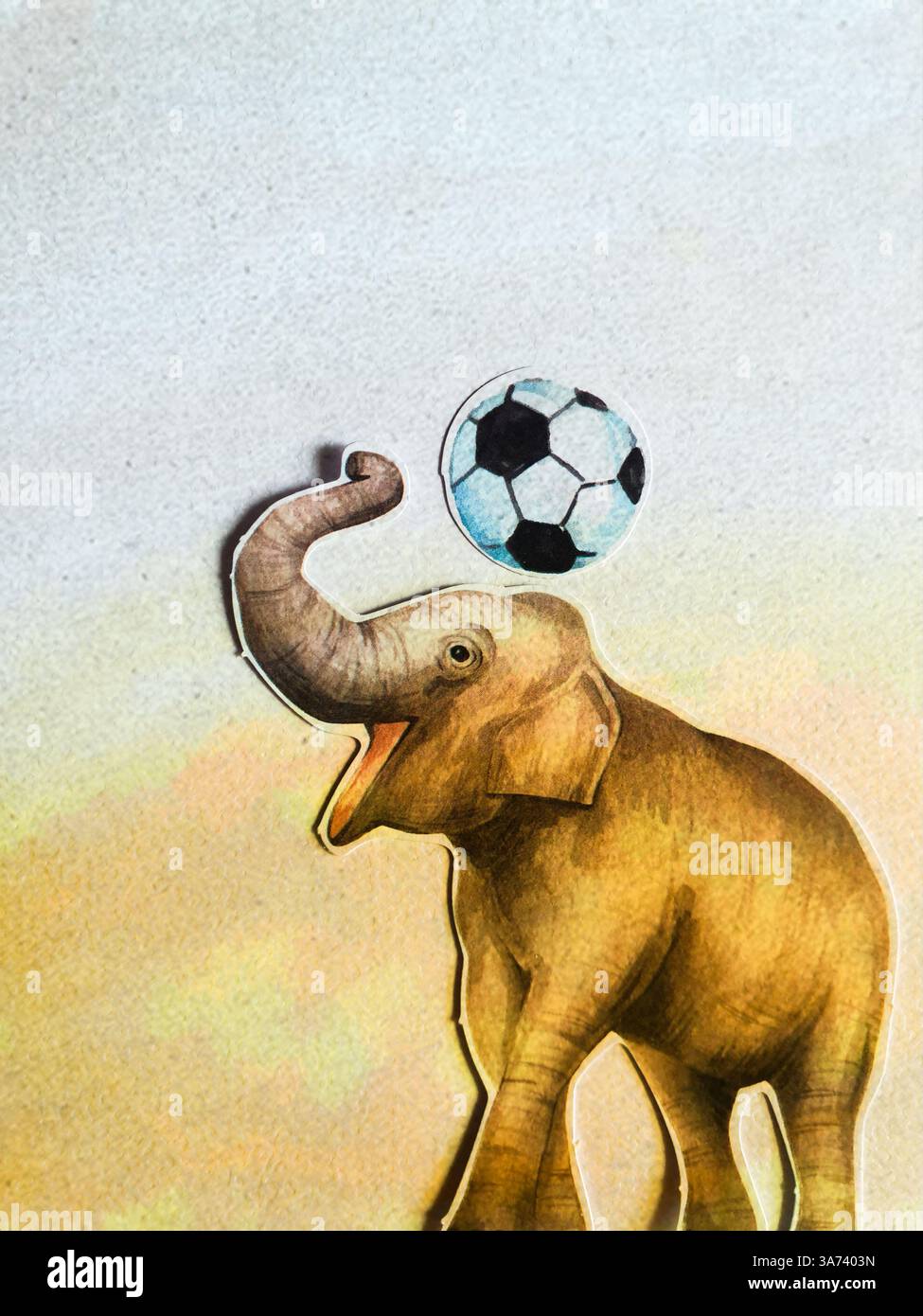 Conceptual collage art of an elephant playing with a football Stock ...