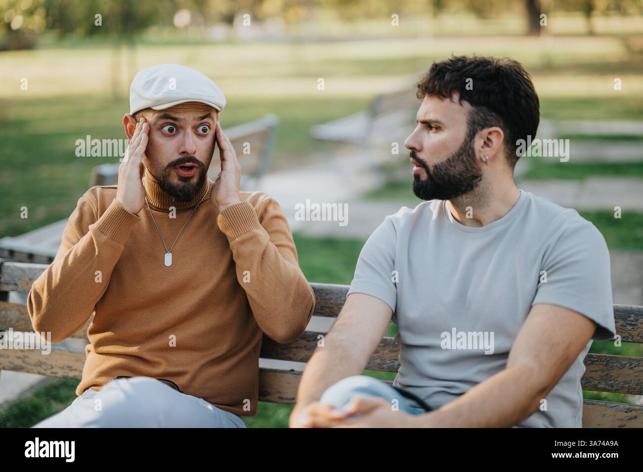 Two men having an animated discussion on a park bench outdoors Stock ...