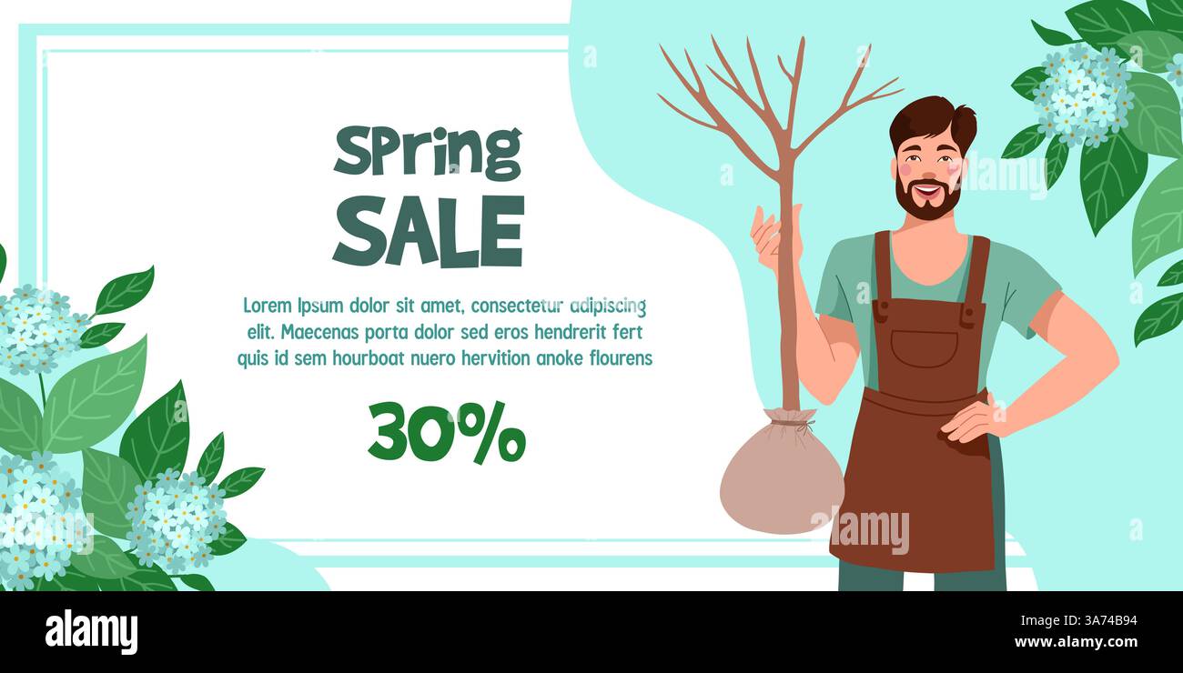 Man with tree sapling, nursery salesman with seedlings. Horizontal ...