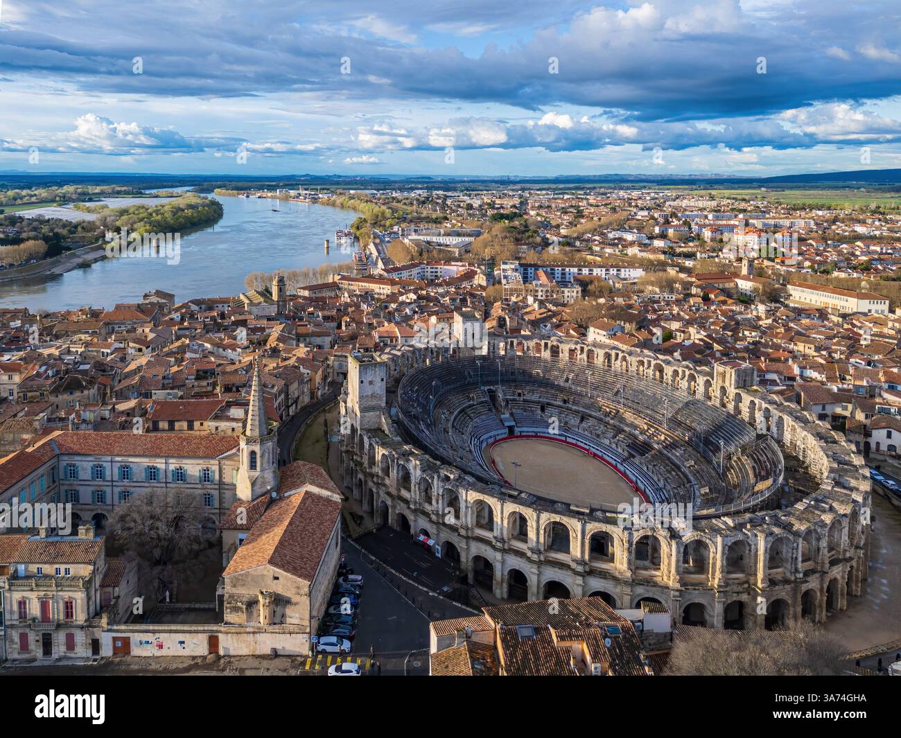 Aerial view of Arles Arena in France The Medieval Roman Arles Amphitheatre Arles France ...