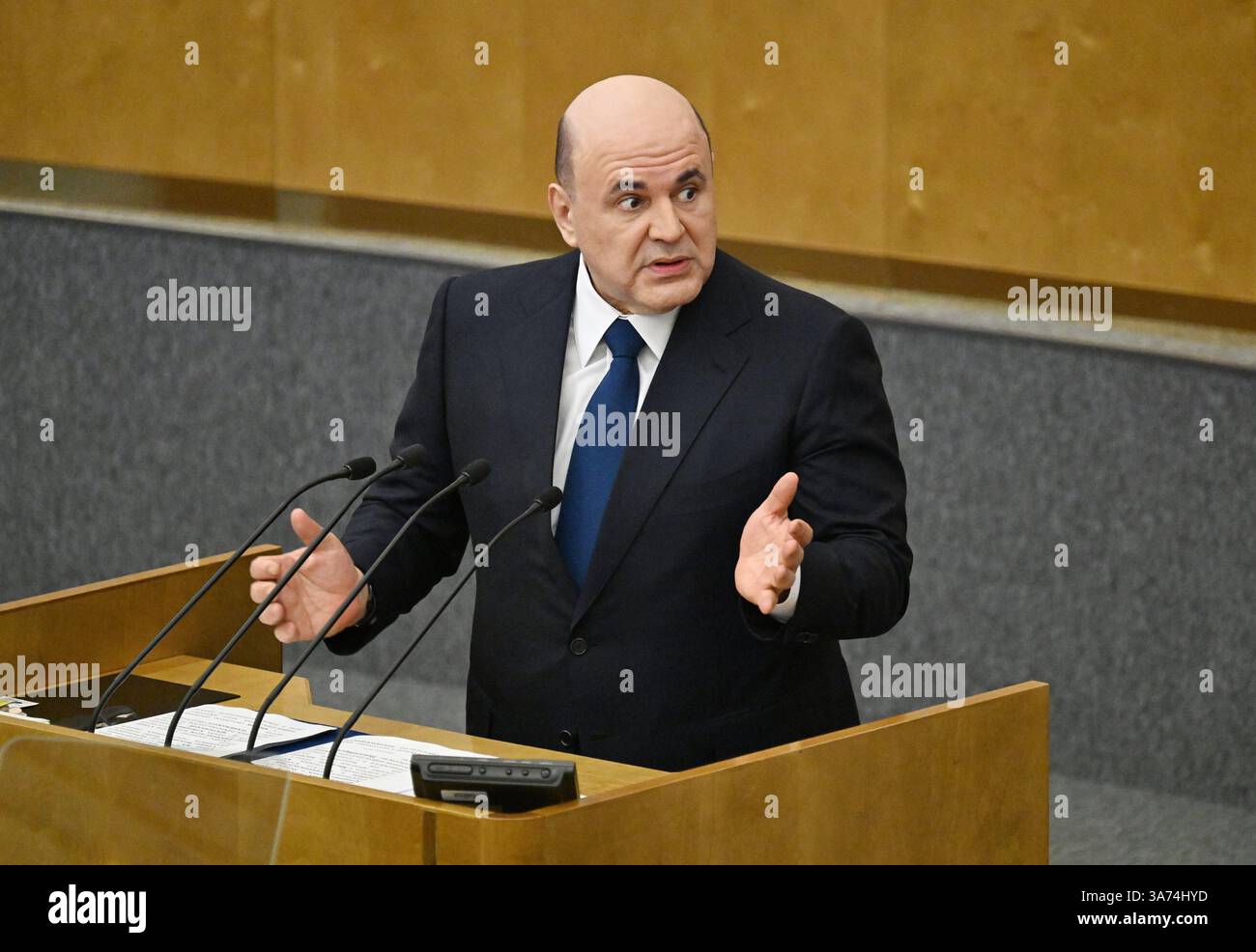 Russian Prime Minister Mikhail Mishustin speaking at the meeting ...