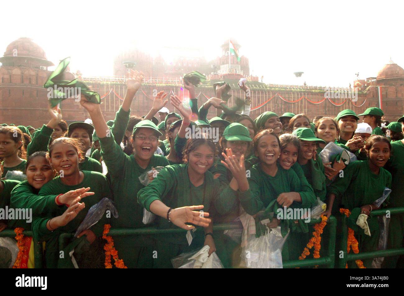 Aug 15, 2004; New Delhi, INDIA; Indian school children wave at historic ...
