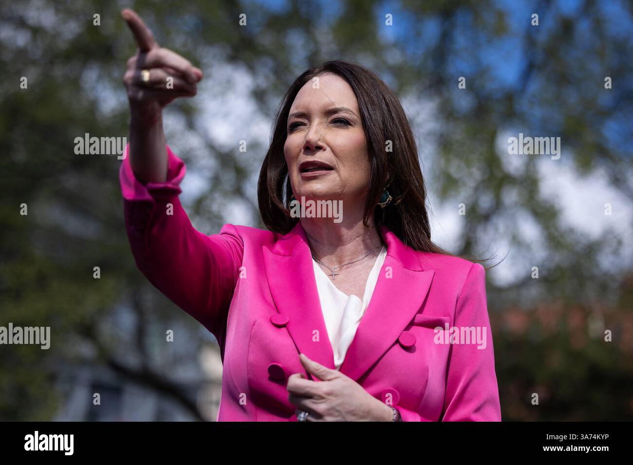 Agriculture Secretary Brooke Rollins speaks with reporters outside the ...