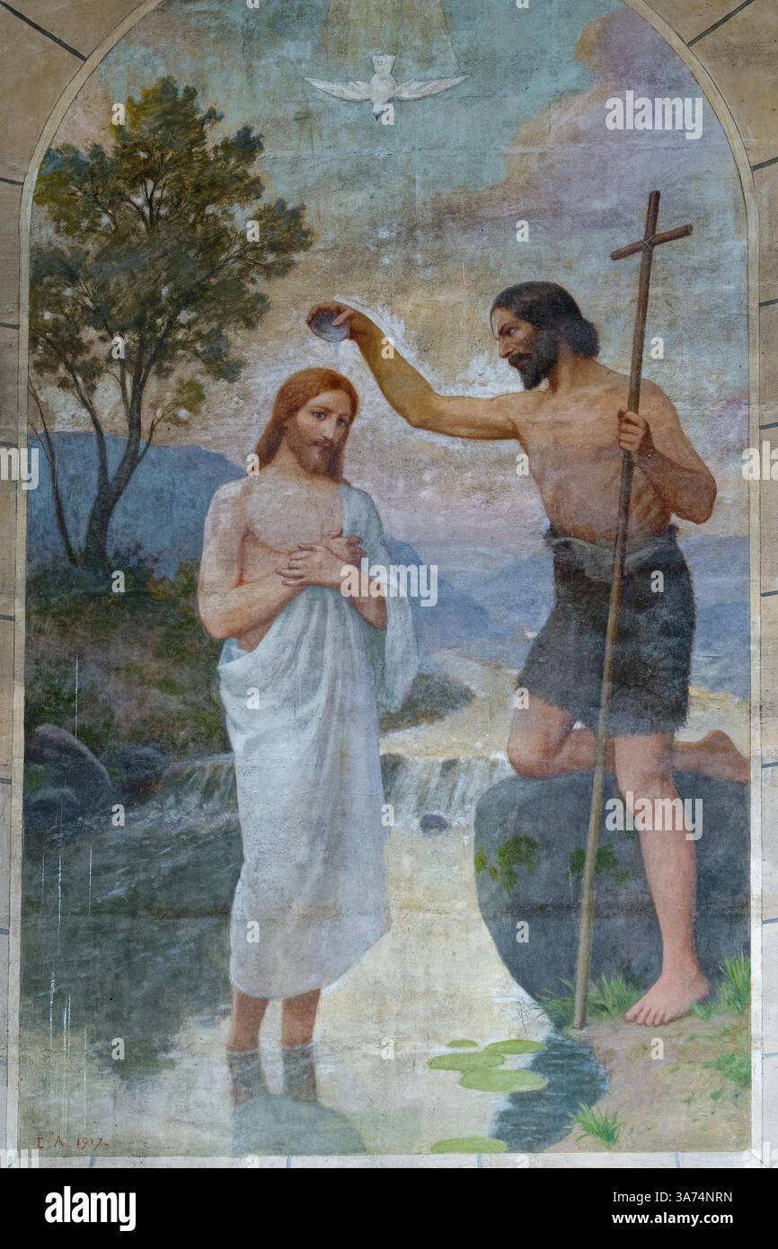 Senan, FRANCE - 10-15-2024: Painting (18th century) of Baptism of Jesus by John the Baptist in ...