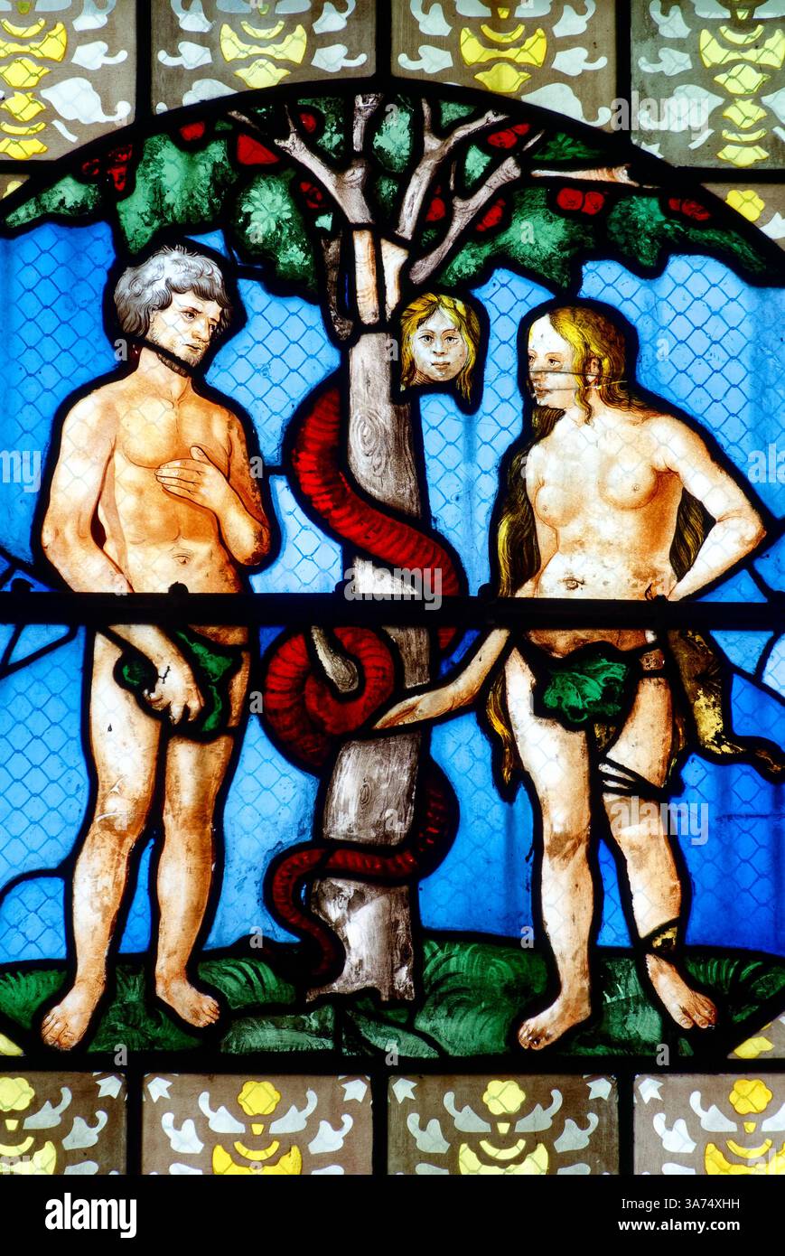 Auxerre, FRANCE - 10-16-2024: Stained glass (17th century) of Adam and Eve in paradise tempted ...