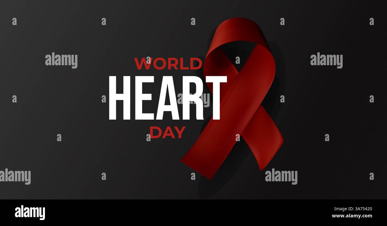Red awareness ribbon with World Heart Day message on dark background ...