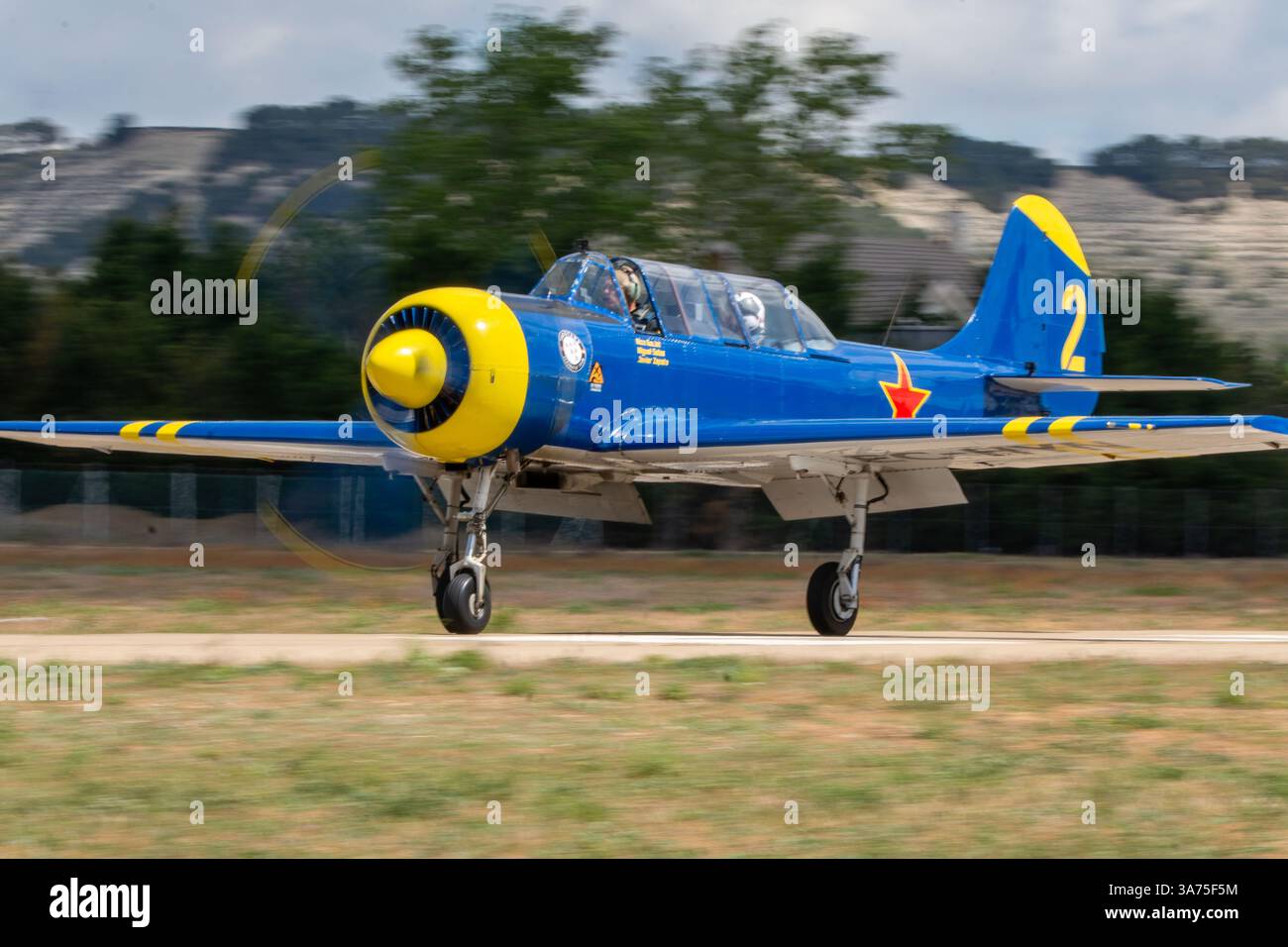 Yakovlev Yak-52 aerobatic aircraft at the Matilla de los Caños airfield ...