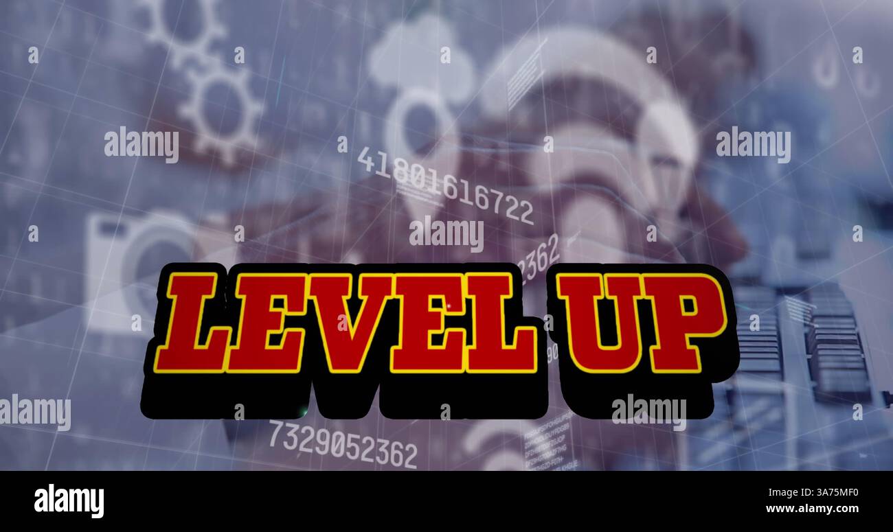 Image of level up text over numbers, digital icons and data processing ...