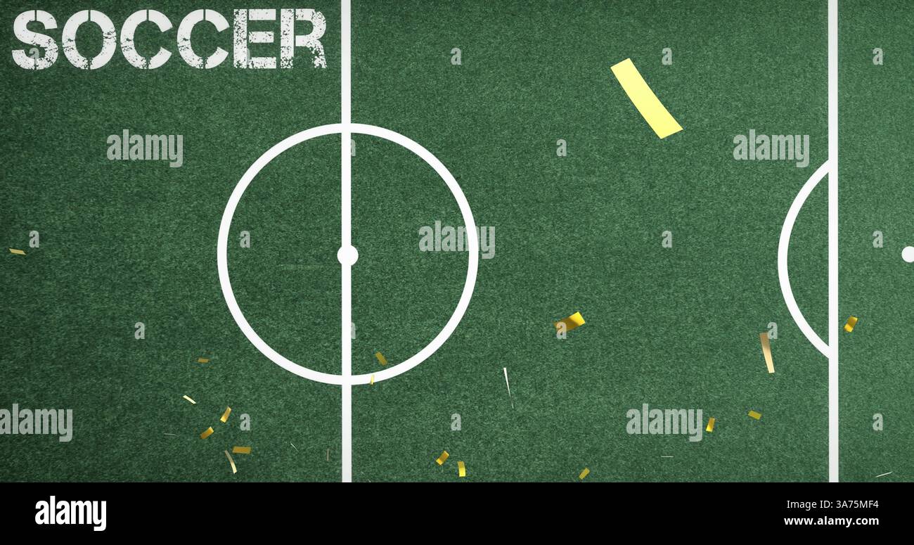 Image of gold confetti falling over green sports pitch with the word ...