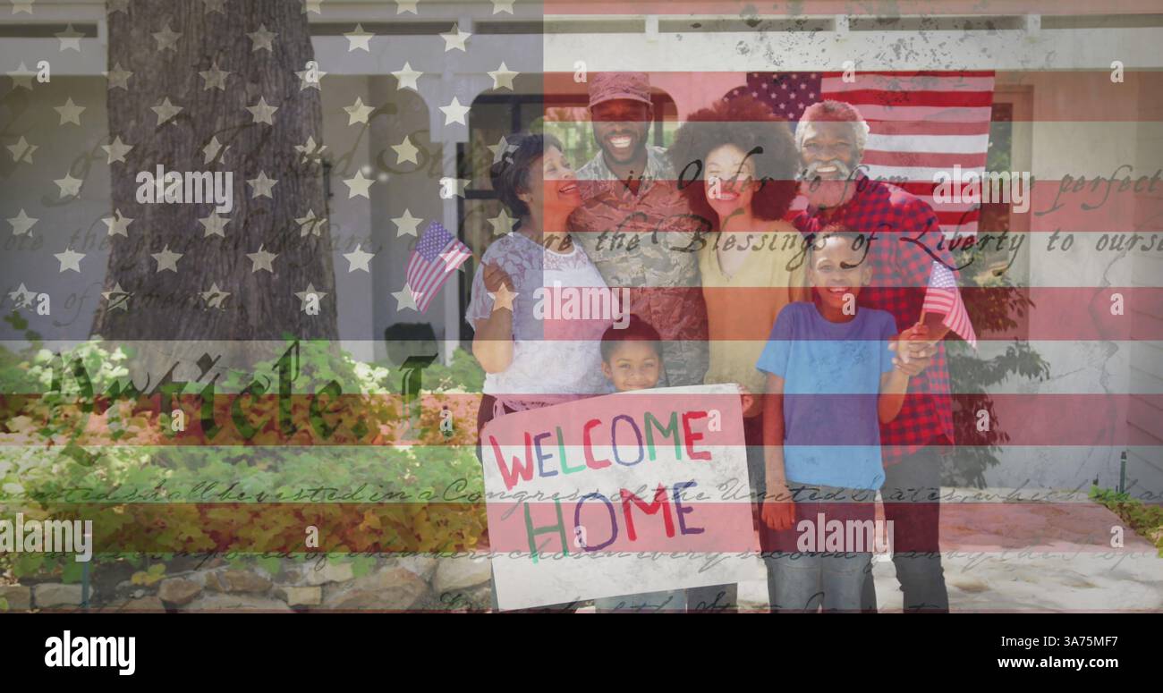 Image of male soldier embracing smiling family over american flag Stock ...
