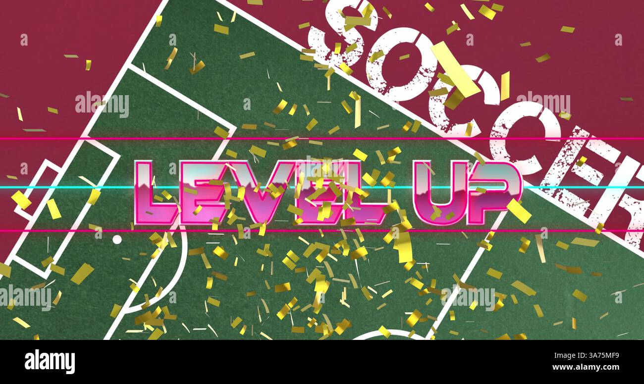 Image of words level up in pink and gold confetti falling over word ...