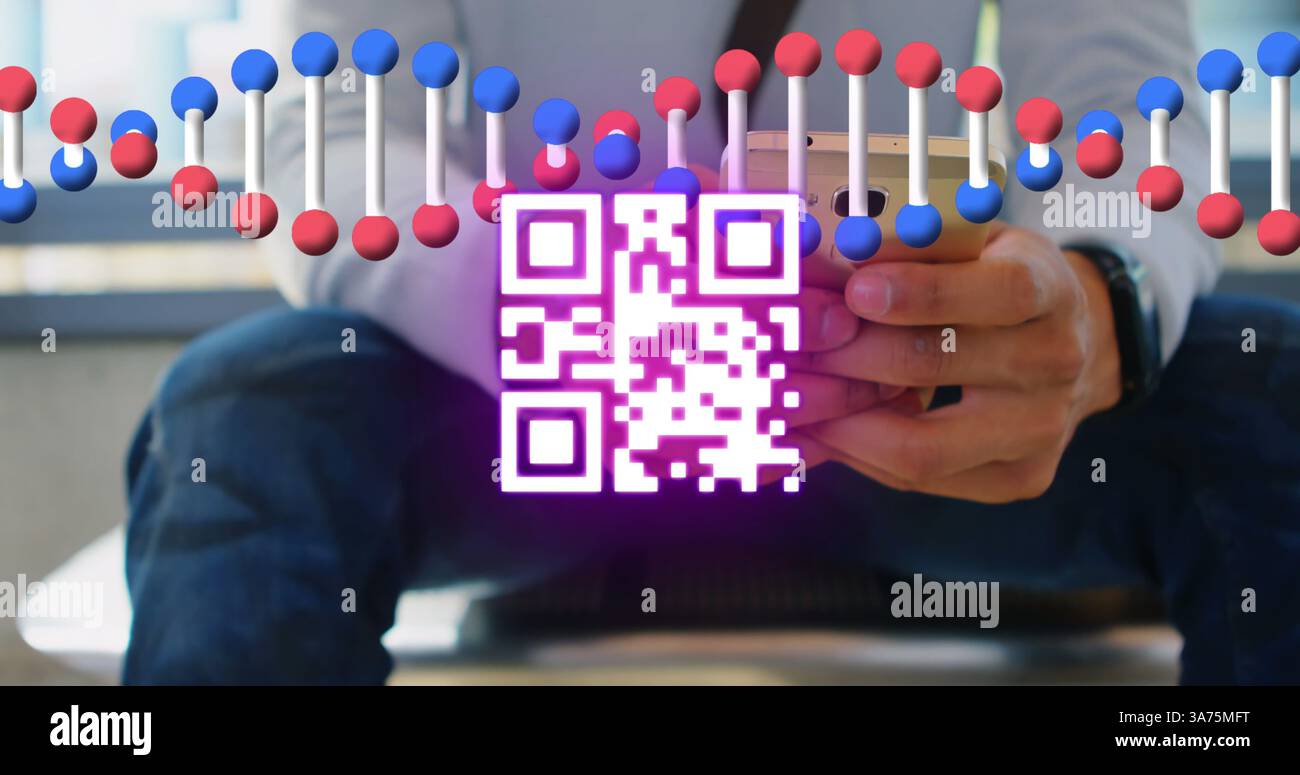 Neon qr code scanner and dna structure spinning against mid section of ...